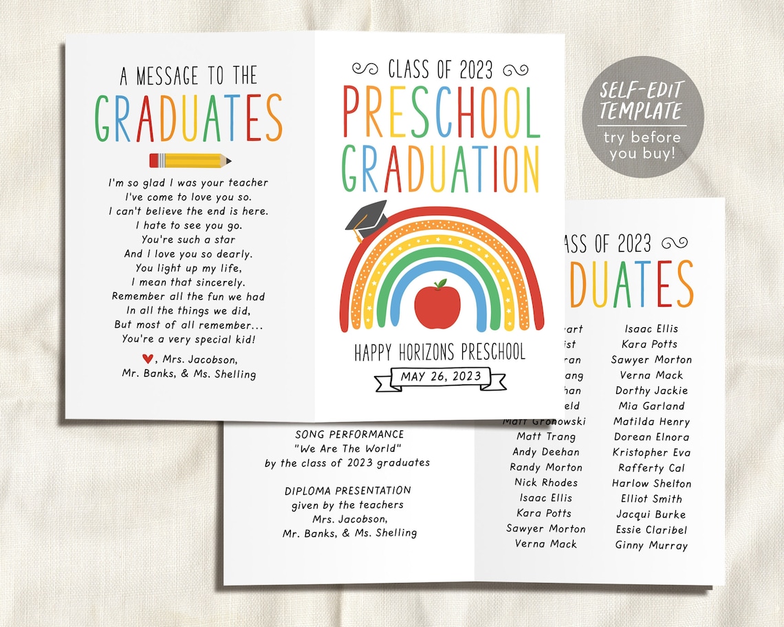 Graduation Program Editable Template for Preschool, Pre-k Ceremony ...