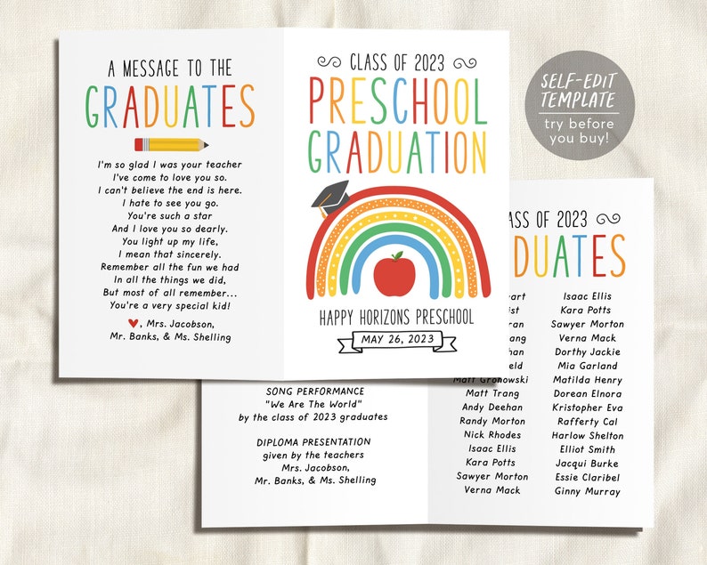 Graduation Program Editable Template for Preschool, Pre-k Ceremony ...