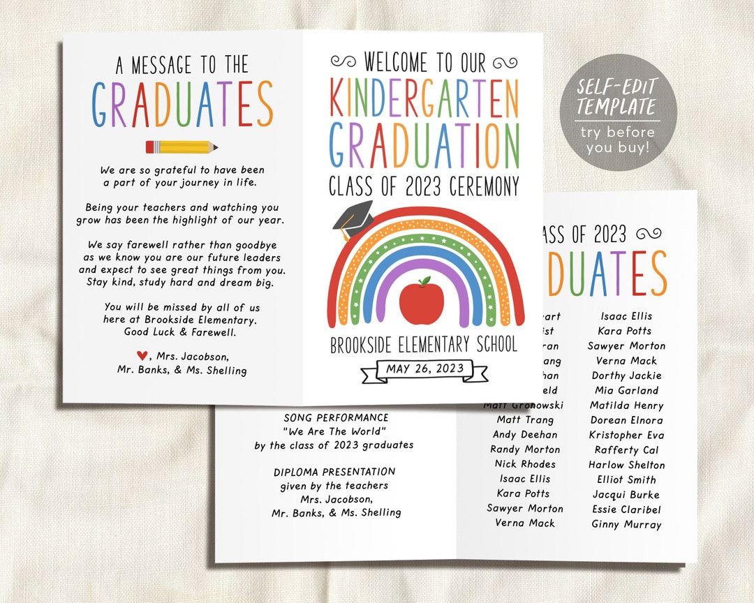 Graduation Program Editable Template for Kindergarten, Pre-k Preschool ...
