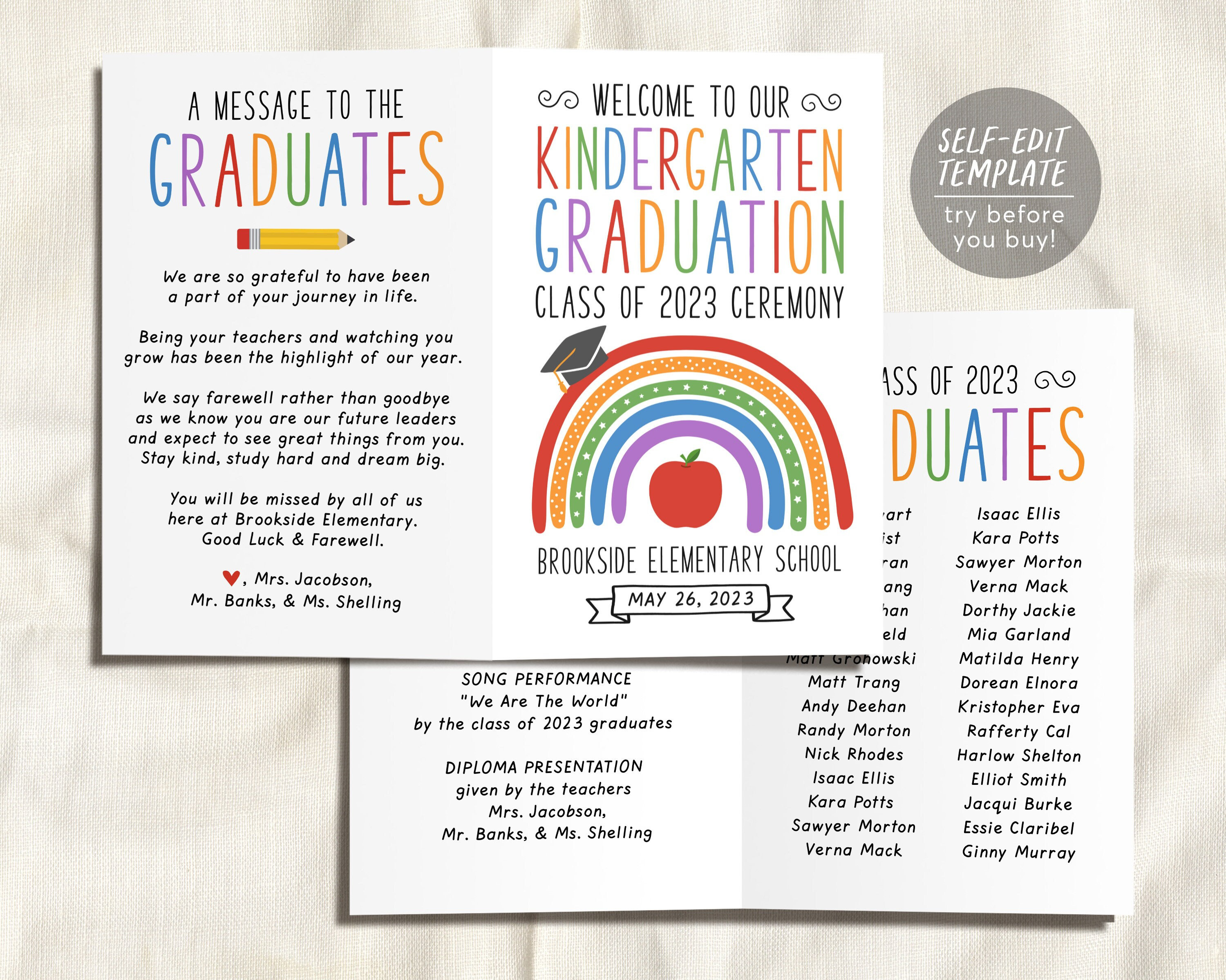 Graduation Program Editable Template for Kindergarten, Pre-k Preschool ...