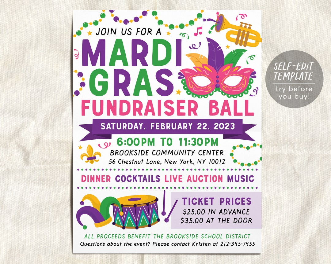Mardi Gras Fundraiser Invitation Flyer Editable Template, Masquerade ...