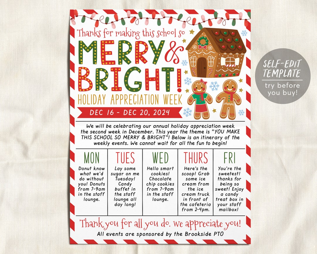 Holiday Theme Teacher Staff Appreciation Week Itinerary Flyer Editable ...