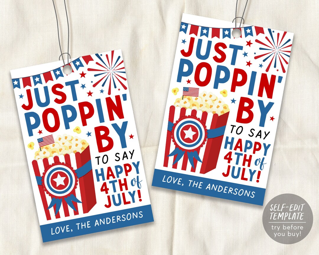 4th of July Popcorn Gift Tag Editable Template, Patriotic Fourth of ...