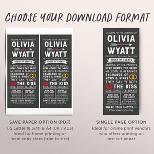 Typography Chalkboard Wedding Program Template, Editable Reception Program, Unique Rustic Fun ...