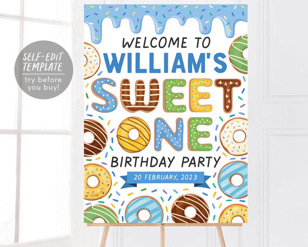 Donut Welcome Sign Boy Sweet One Party Editable Template, Donut First ...