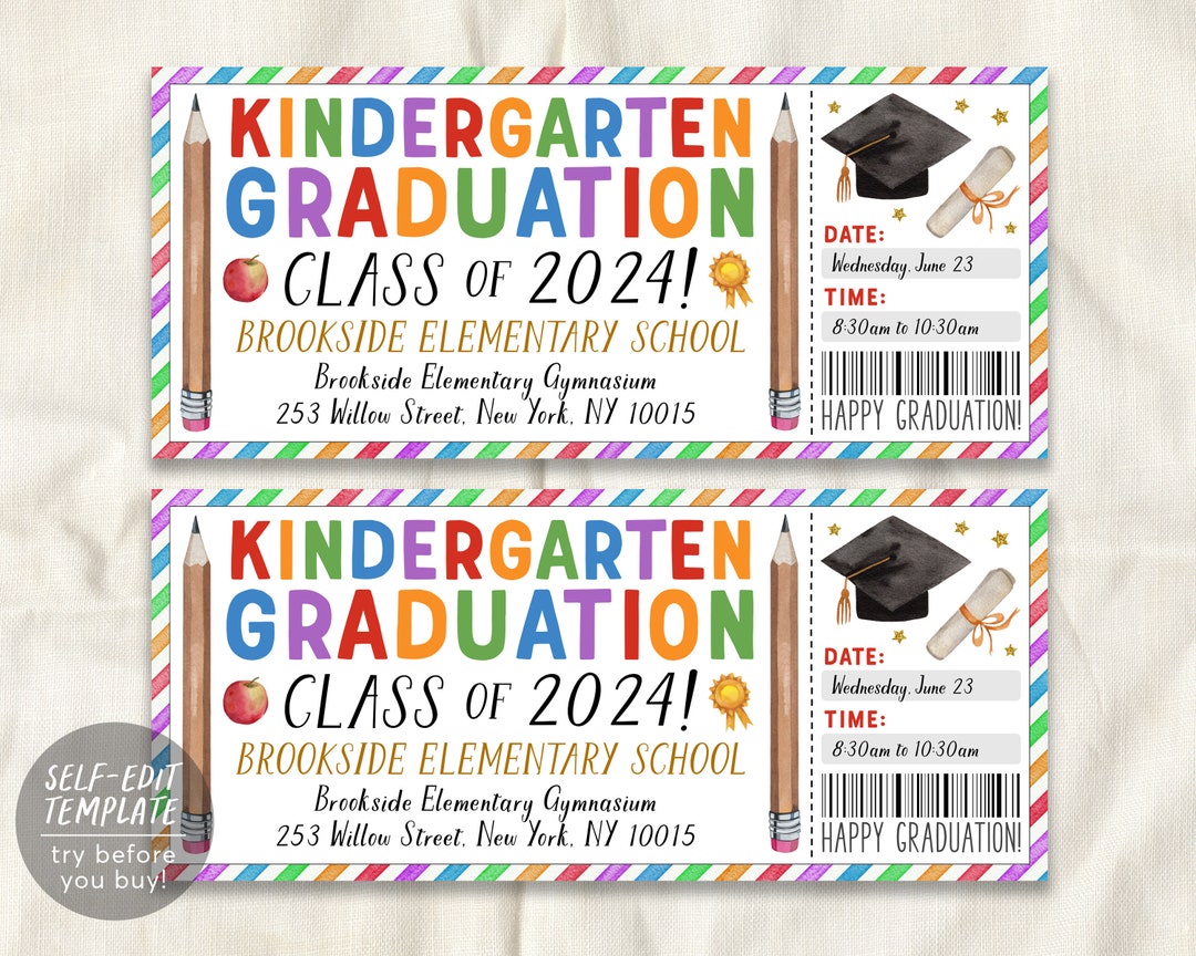 Kindergarten Graduation Ceremony Ticket Editable Template, Class Grad ...