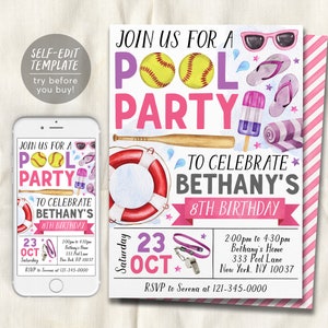 Softball Pool Party Birthday Invitation Editable Template, Summer ...