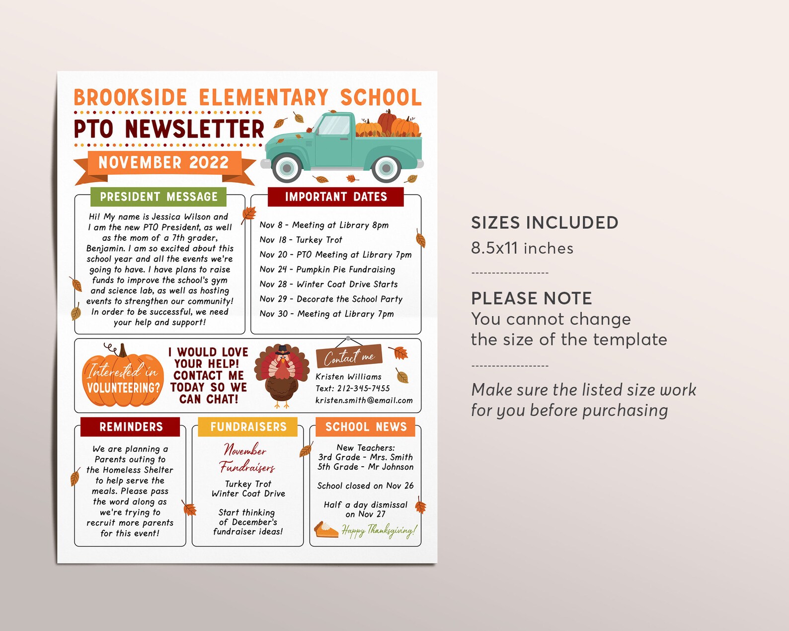 November PTO PTA Newsletter Flyer Editable Template Back to - Etsy