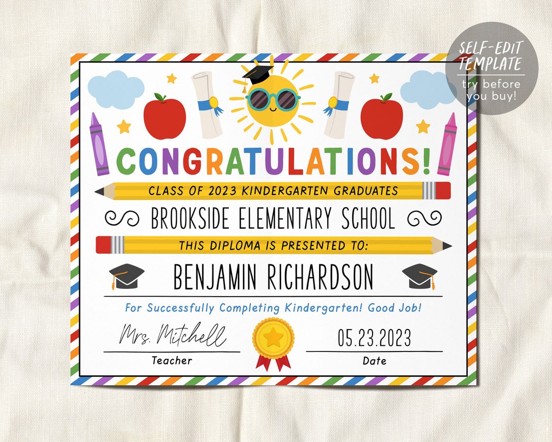 Kindergarten Graduation Diploma Editable Template, Certificate of ...