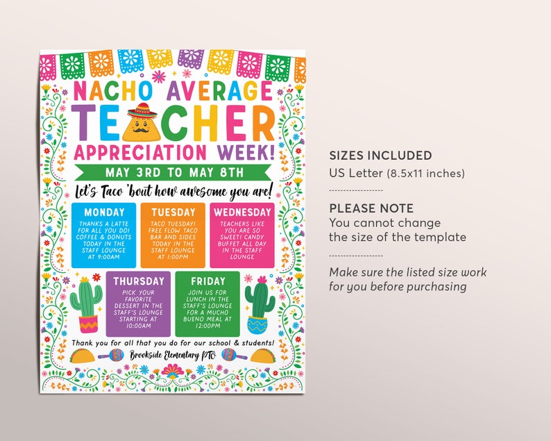 Nacho Average Teacher Appreciation Week Schedule Editable Template ...