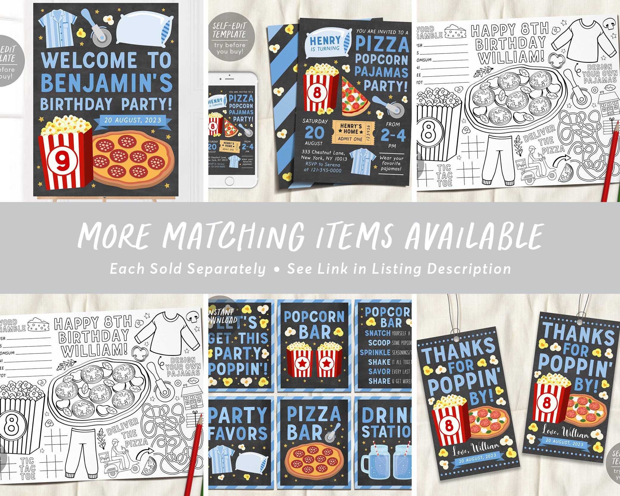 Pizza Popcorn and Pajamas Party Signs BUNDLE for Birthday, Popcorn Bar ...