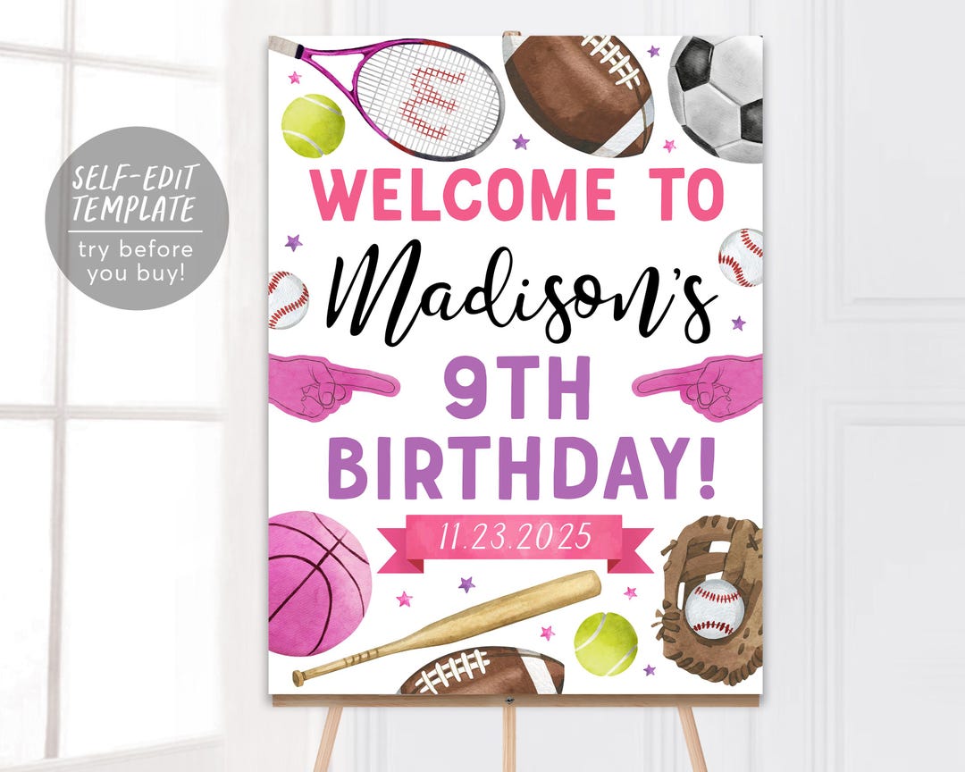 Sports Birthday Welcome Sign Editable Template, Girl Sports Baseball ...