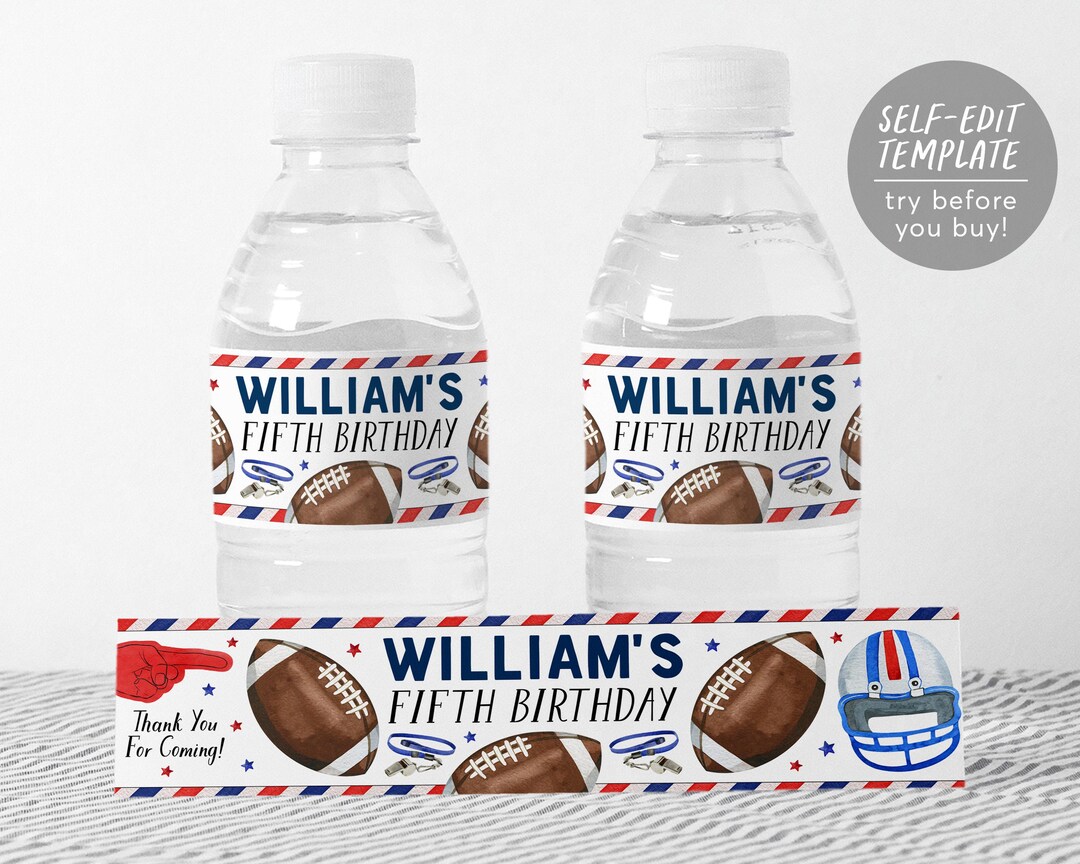 Football Water Bottle Labels Editable Template, American Football Theme ...