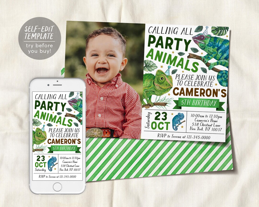 Chameleon Birthday Invitation With Photo Editable Template, Boy Reptile ...