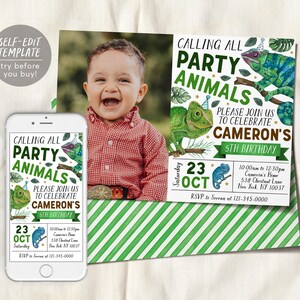 Chameleon Birthday Invitation With Photo Editable Template, Boy Reptile ...