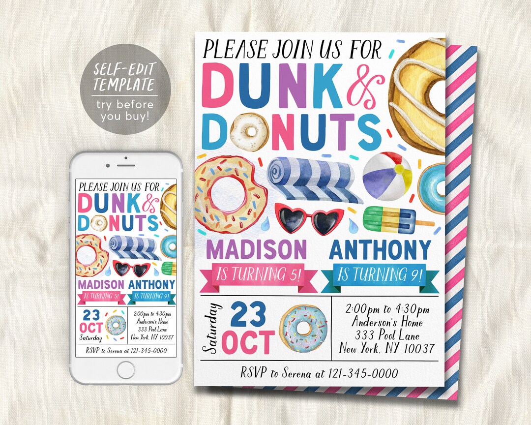 Donut Pool Party Joint Siblings Birthday Invitation Editable Template ...