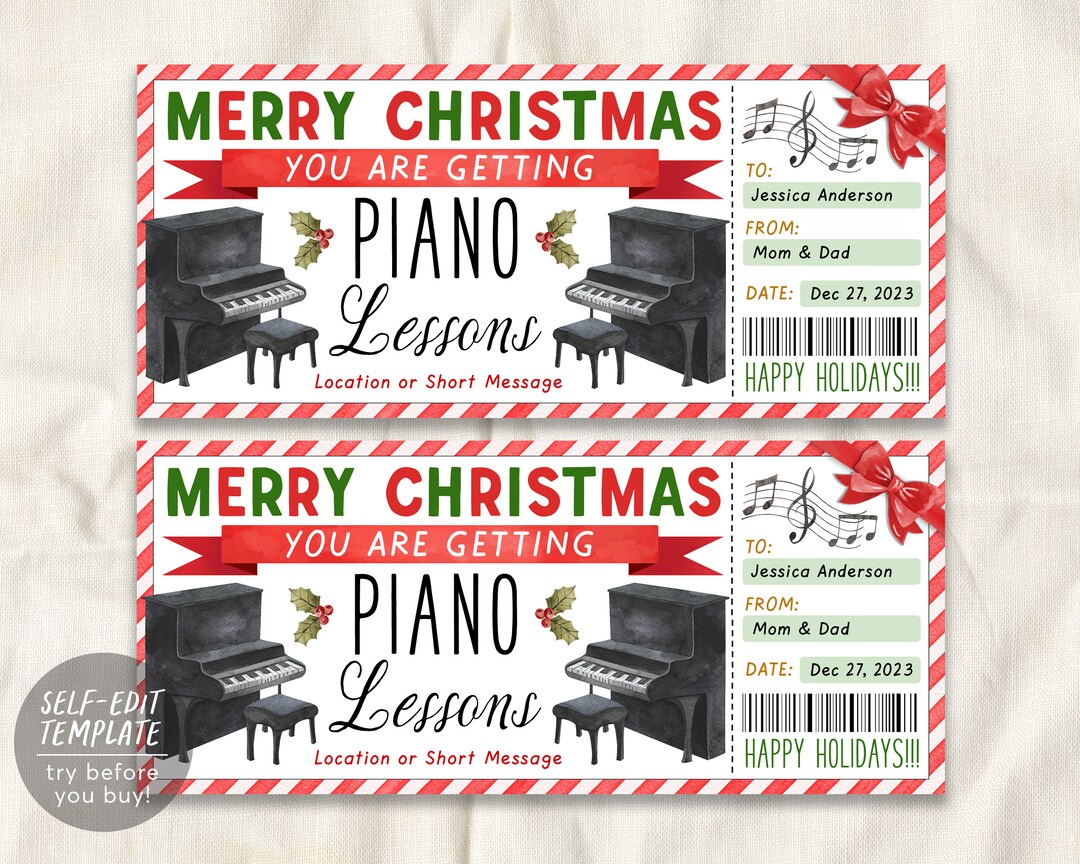 Piano Lessons Christmas Gift Certificate Editable Template, Surprise ...