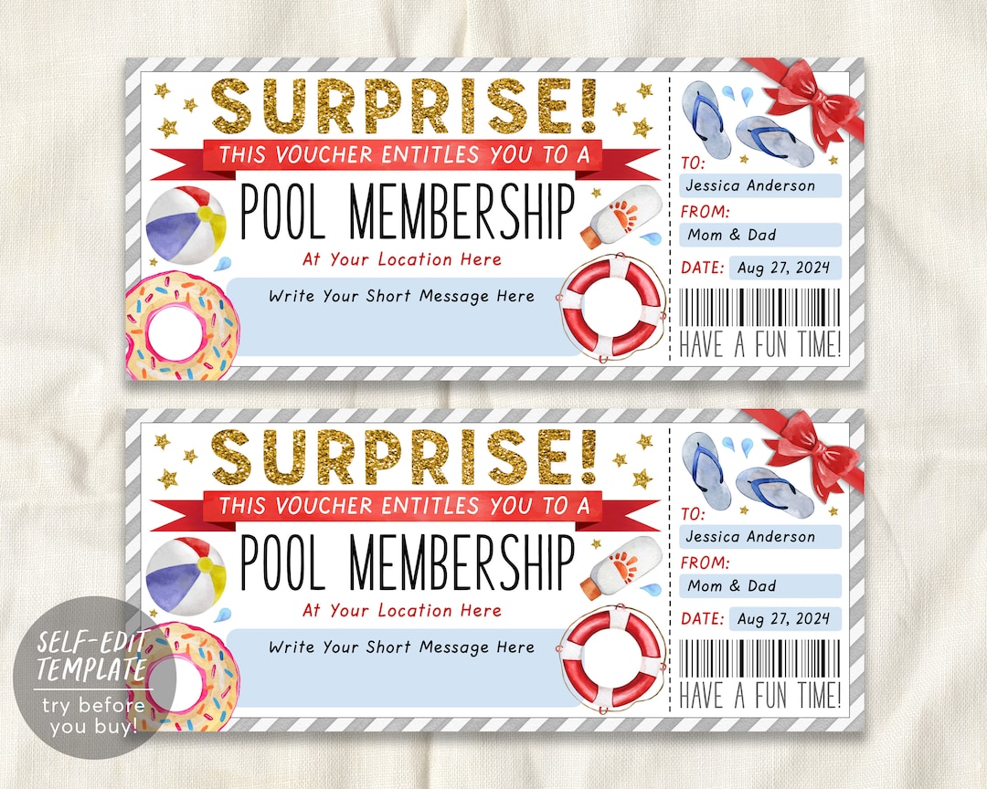 Pool Membership Gift Certificate Ticket Editable Template, Surprise ...