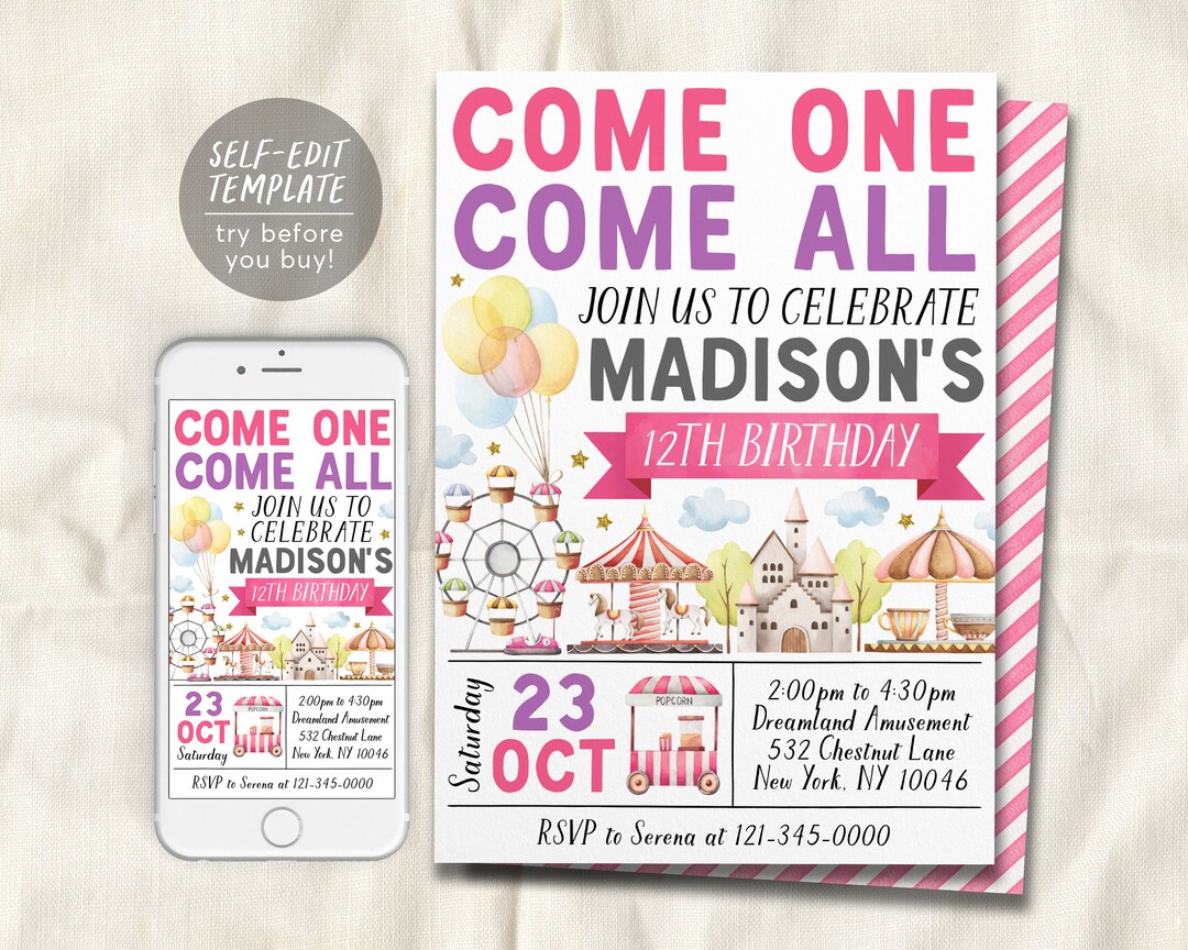 Carnival Theme Birthday Invitation Editable Template, Girl Amusement ...