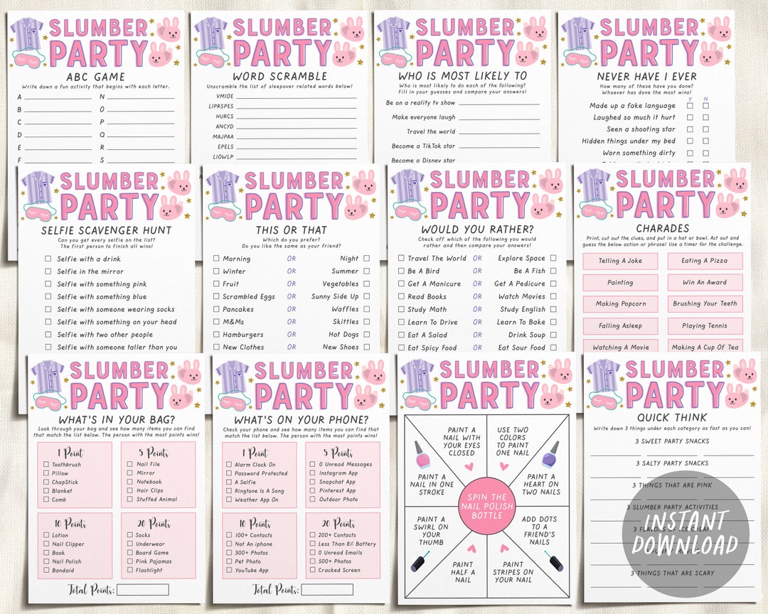 Slumber Party Games Bundle Package Printable, Pink Sleepover Game Spin ...