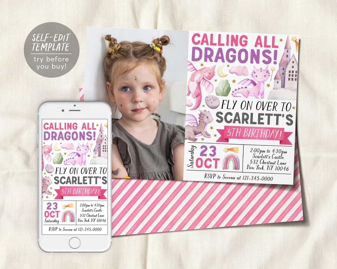 Dragon Birthday Invitation With Photo Editable Template, Girl Magical ...