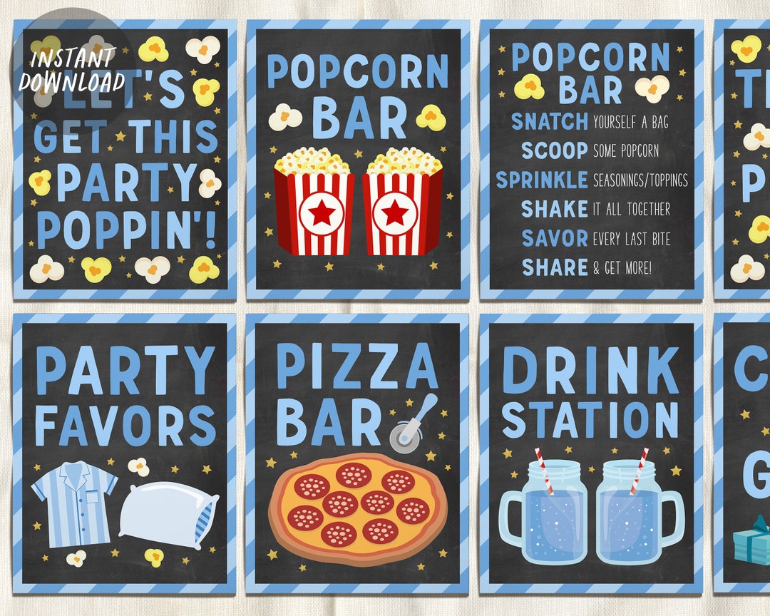 Pizza Popcorn and Pajamas Party Signs BUNDLE for Birthday, Popcorn Bar ...