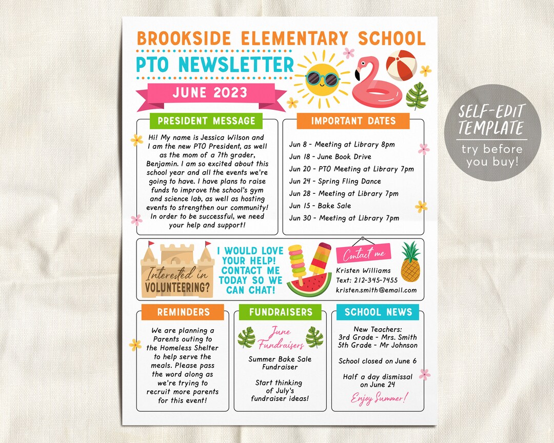 June PTO PTA Newsletter Flyer Editable Template, Summer Beach Flyer ...