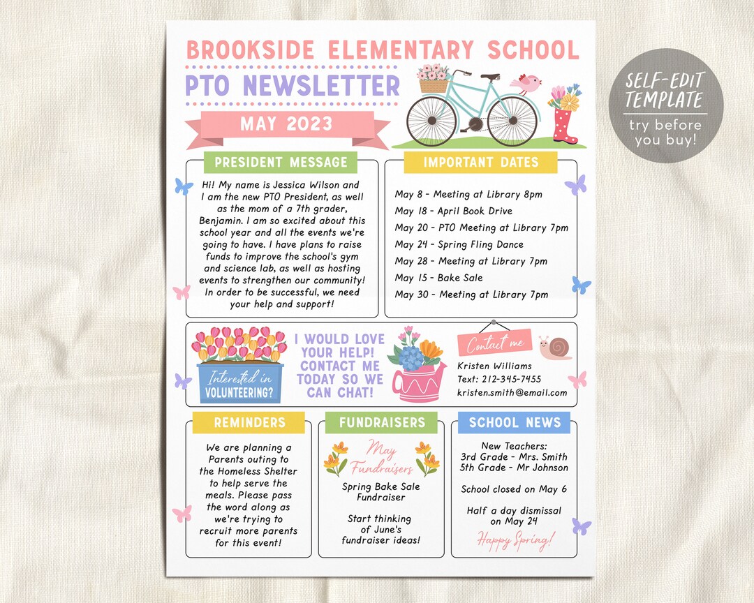 May PTO PTA Newsletter Flyer Editable Template, Spring Floral Flyer ...