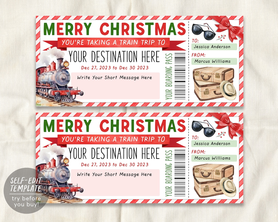 Christmas Train Ticket Boarding Pass Editable Template, Surprise ...