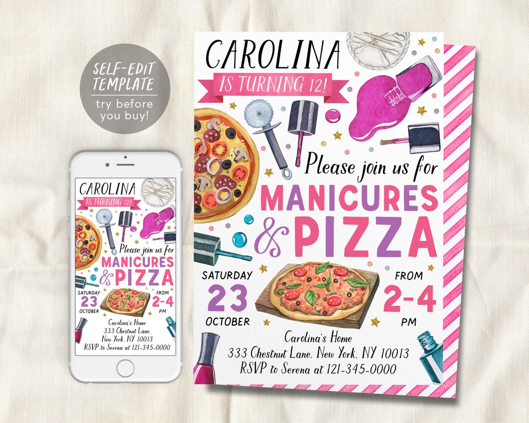 Manicures and Pizza Party Invitation Editable Template, Pedicures Mani ...