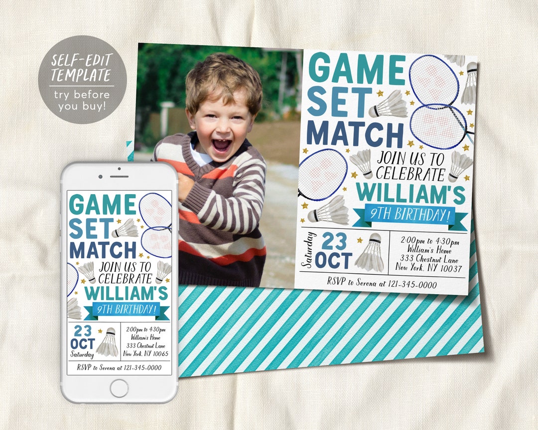 Badminton Birthday Invitation With Photo Editable Template, Boy ...
