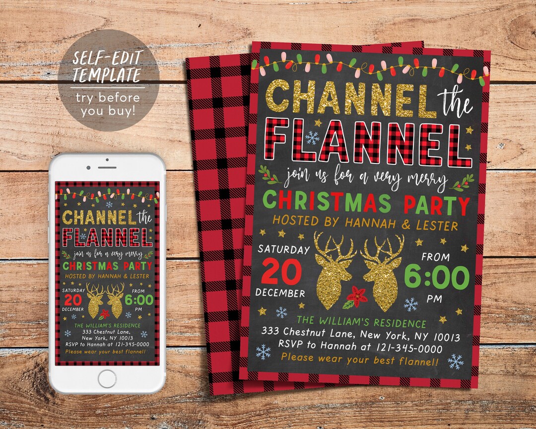 Channel the Flannel Christmas Party Invitation Editable Template ...