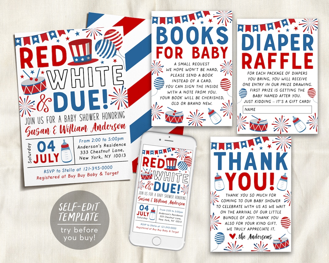 4th of July Gender Reveal Party BUNDLE Suite Set Editable Template, Red ...