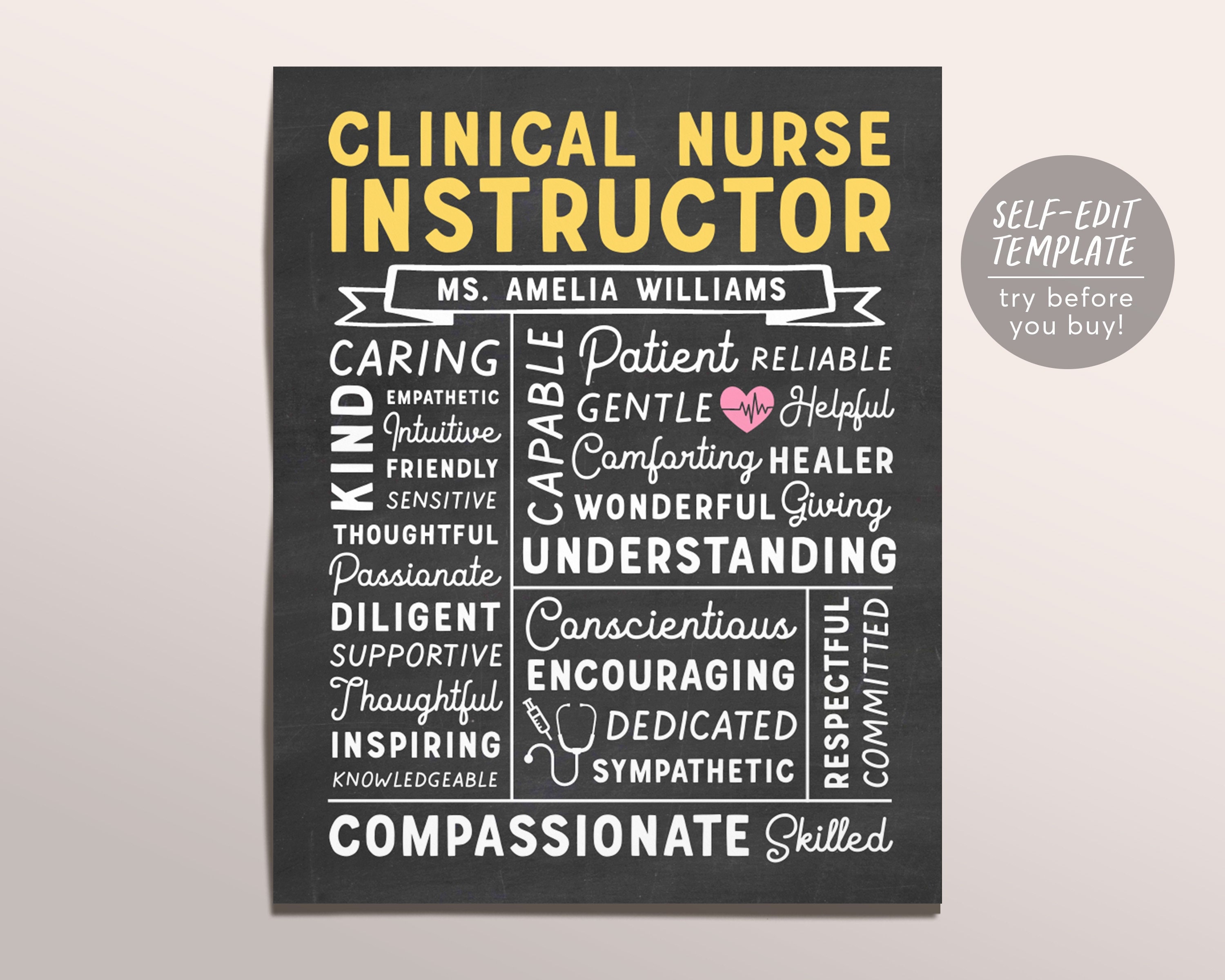 Editable Clinical Nurse Instructor Chalkboard Gift Print Template ...
