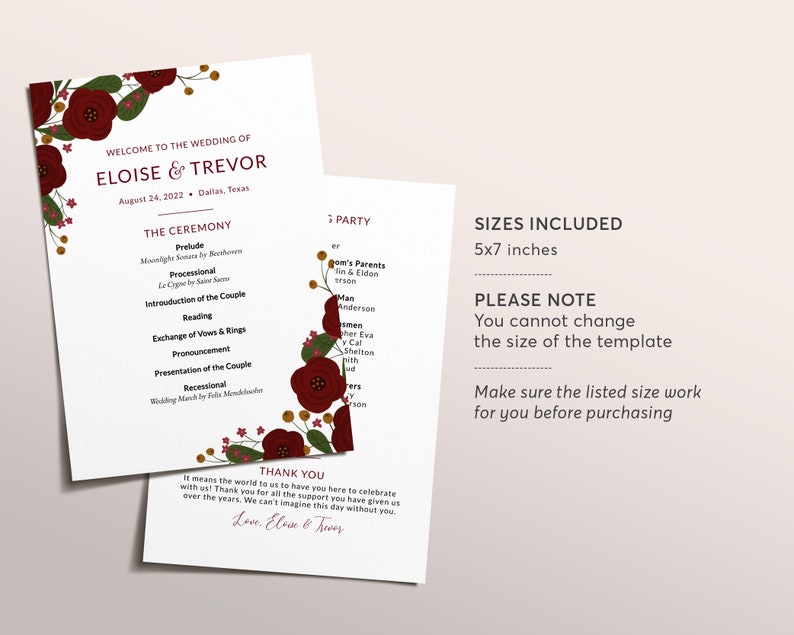 Burgundy Floral Wedding Program Template Modern Wedding | Etsy