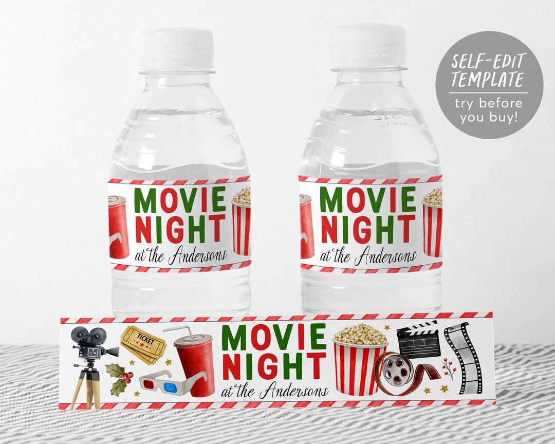 Christmas Movie Night Water Bottle Labels Editable Template, Movie ...