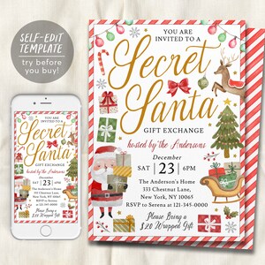 Secret Santa Gift Exchange Invitation Editable Template, Christmas Gift ...
