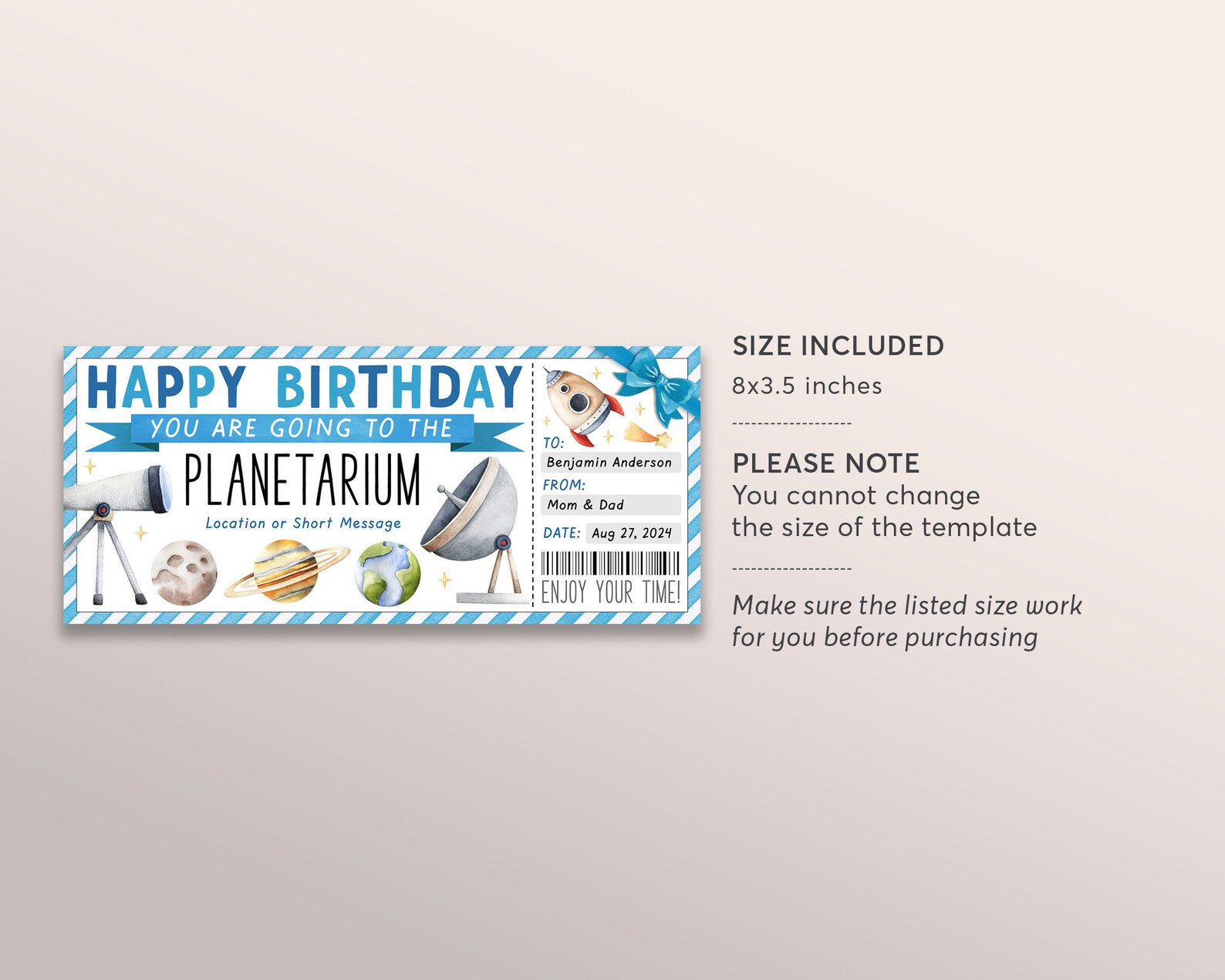 Planetarium Ticket Editable Template, Birthday Surprise Space Museum ...