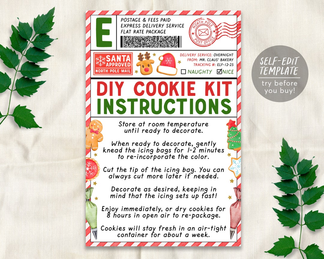 Christmas DIY Cookie Kit Instructions Card Editable Template, Holiday ...