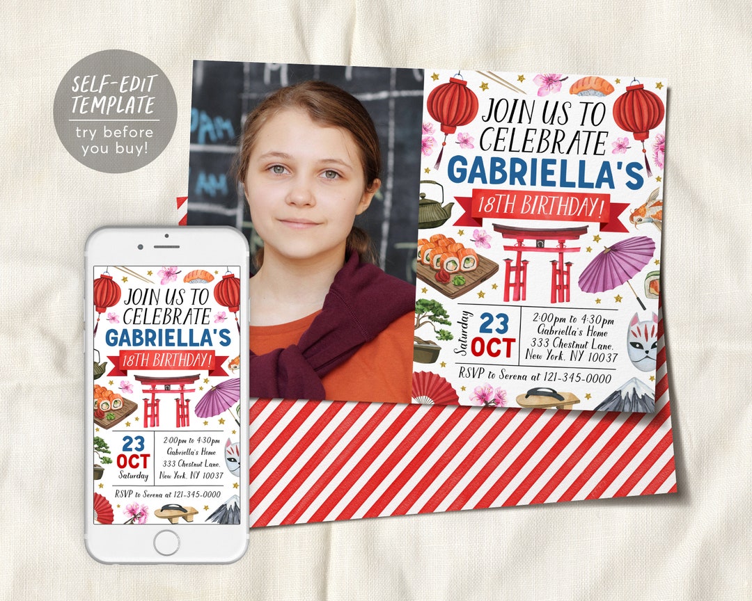 Japanese Themed Birthday Invitation With Photo Editable Template ...