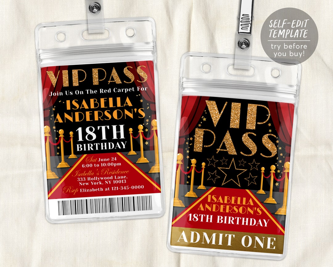 VIP Pass for Birthday Editable Template, Hollywood Red Carpet Birthday ...