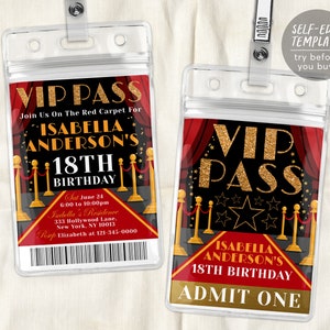 VIP Pass for Birthday Editable Template, Hollywood Red Carpet Birthday ...