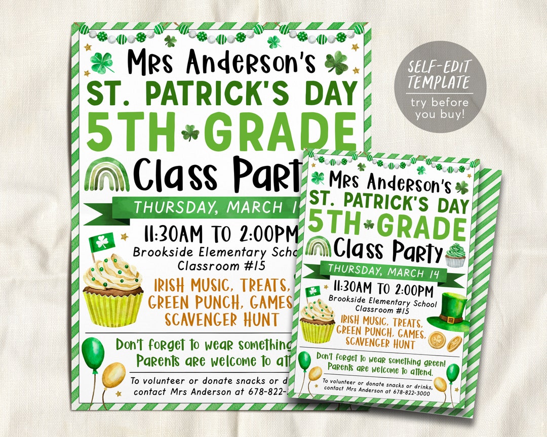 St Patrick's Class Party Invitation Editable Template, Saint Pattys ...