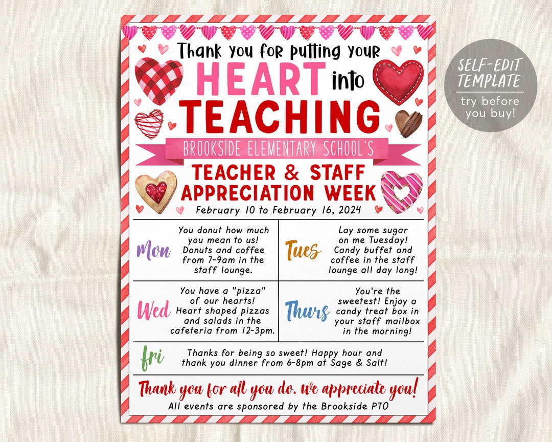Valentine's Day Teacher Staff Appreciation Week Itinerary Flyer ...