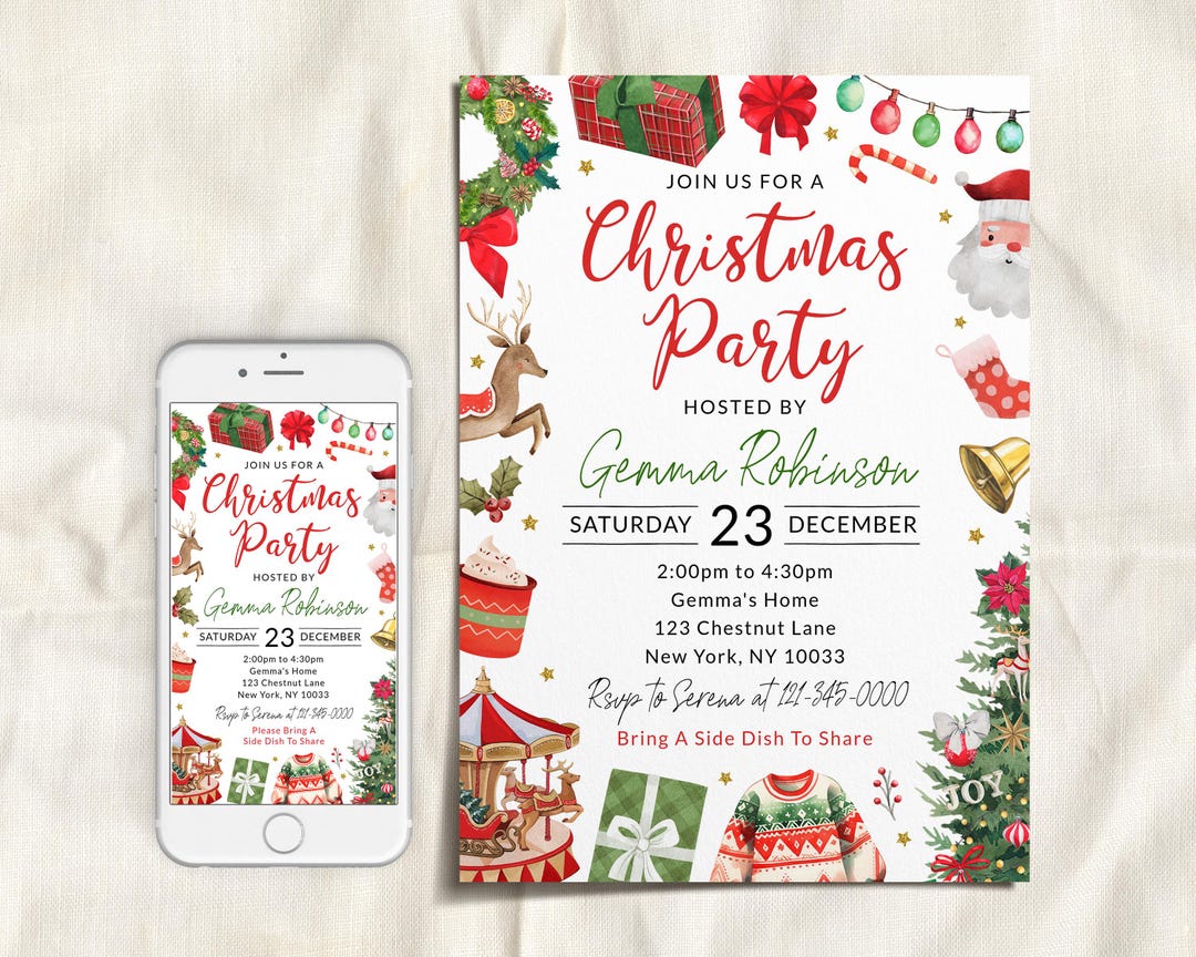 Christmas Party Invitation Editable Template, Holiday Party Invite ...
