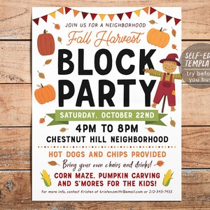 Fall Block Party Festival Harvest Editable Template, Neighborhood Party ...