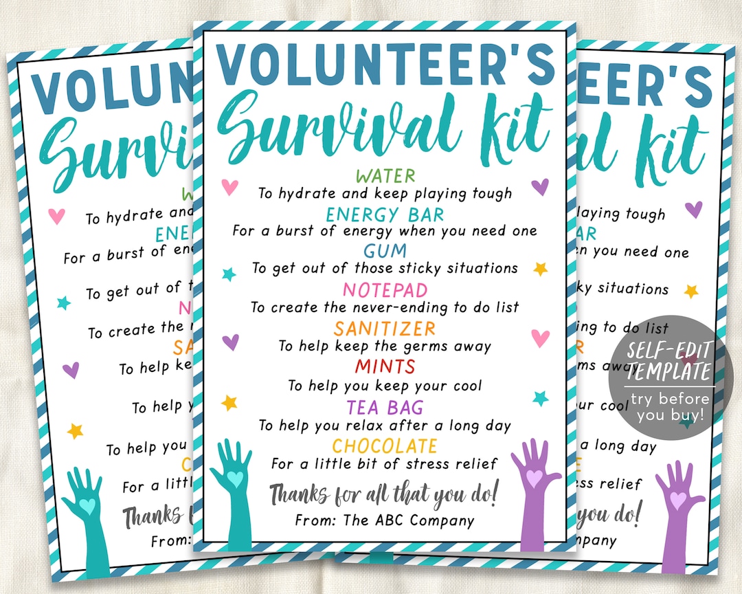 Volunteer Survival Kit Gift Tags Editable Template, Volunteer Thank You ...