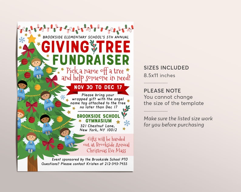 Christmas Giving Tree With Angels Fundraiser Flyer Editable Template ...