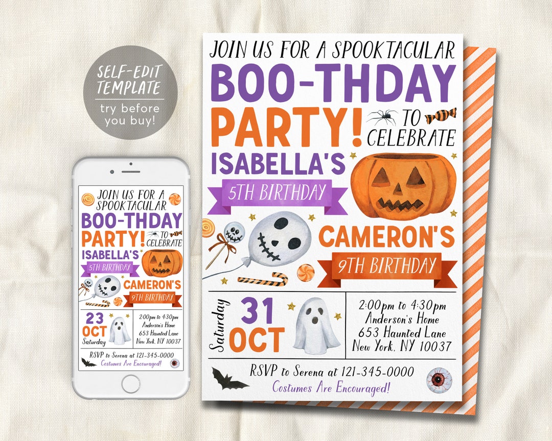 Halloween Joint Siblings Birthday Invitation Editable Template, Twins ...