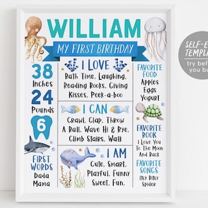 Under the Sea First Year Milestone Sign Editable Template, Oneder the ...